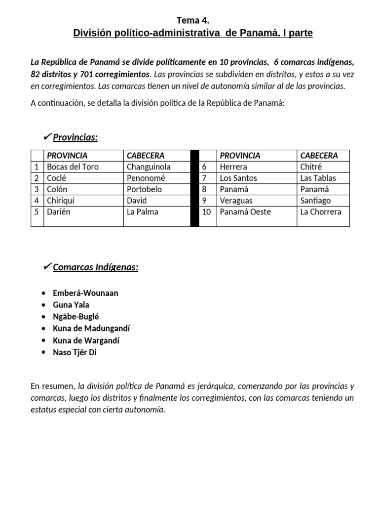 Tema 4 DIVISION POLITICA DE PANAMA 1 5T0 1T | PDF
