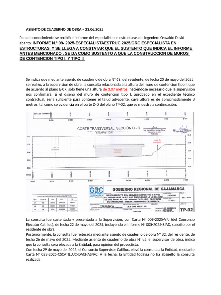 Asiento Cuaderno de Obra 23.06.2025 - Necesidad de Ejecutar Adicional Muro Tipo IJAJAJAJAJ | PDF