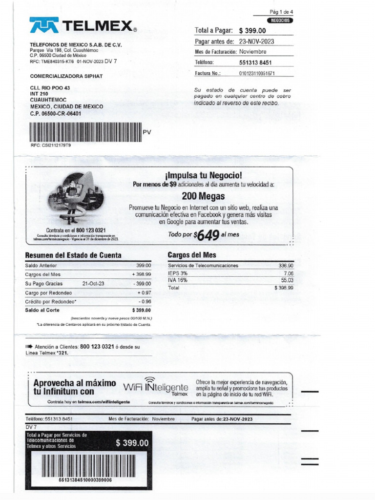 Recibo Telmex Siphap Nov. 2023 | PDF