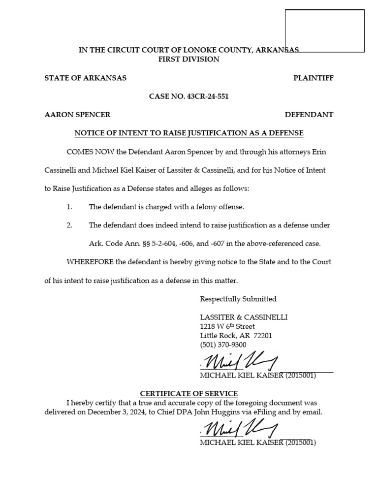 Aaron Spencer Justification Defense Notice | PDF