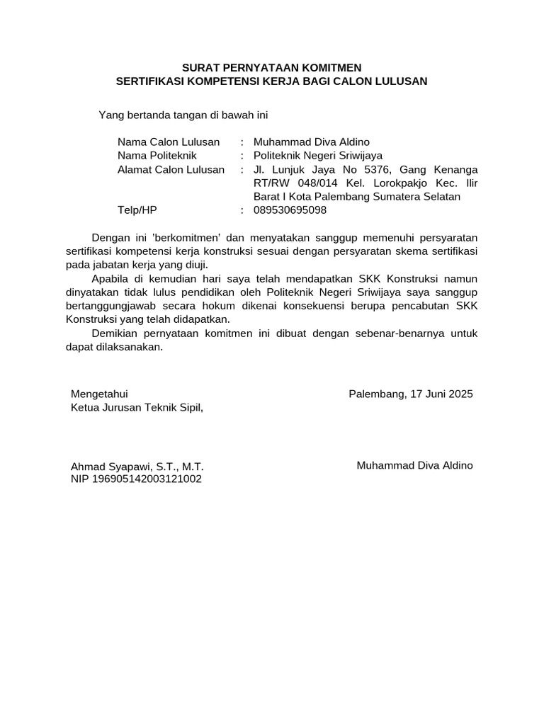 Surat Pernyataan Komitmen Dino | PDF