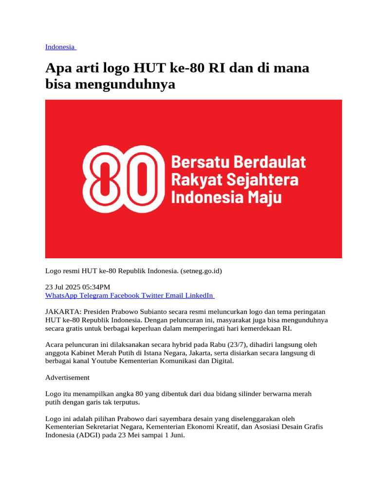 Apa Arti Logo HUT Ke-80 RI Dan Di Mana Bisa Mengunduhnya | PDF