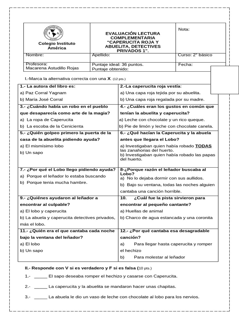 Evaluación de Lectura: Caperucita Roja | PDF