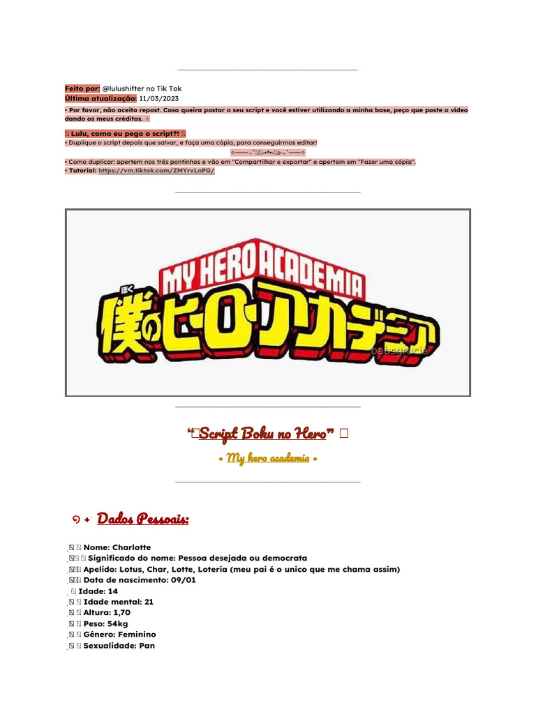 Cópia de - ? Script: BNHA ! @lulushifter On Tiktok | PDF | Unha | Cabelo