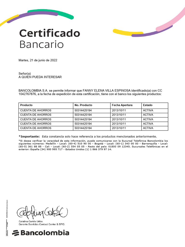 Certificado de Cuenta Bancaria | PDF