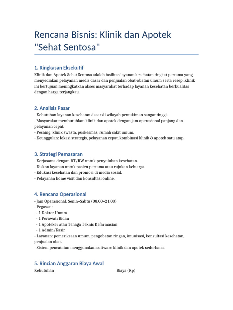 Rencana Bisnis Klinik Dan Apotek Sehat Sentosa | PDF