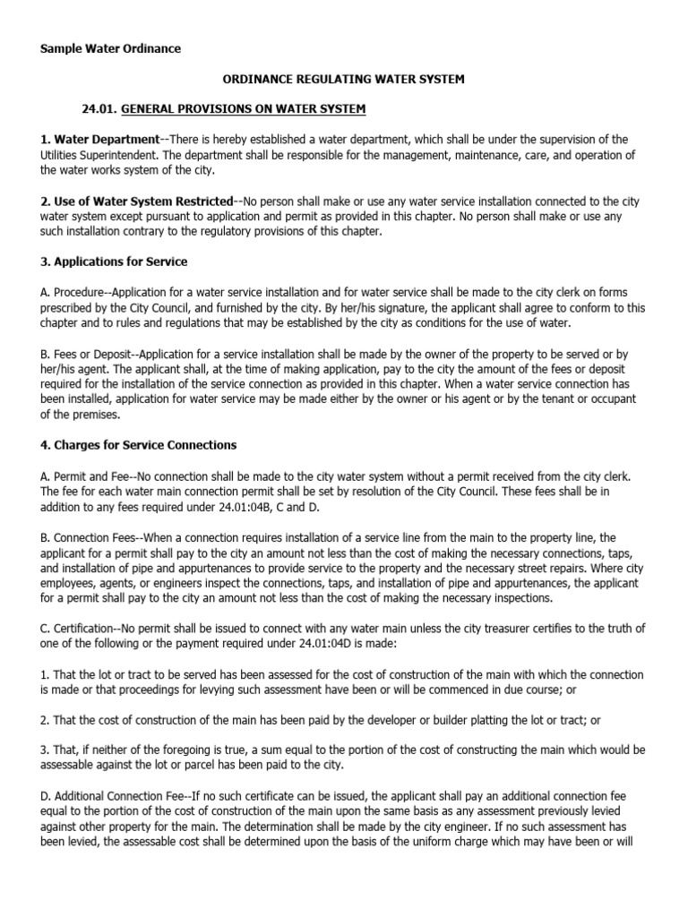 City Water System Regulation Ordinance | PDF | Land Lot | Pipe (Fluid ...
