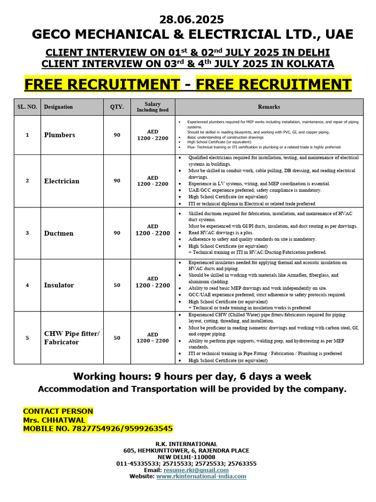 GECO MEP Job Vacancies in UAE | PDF | Electrician | Pipe (Fluid Conveyance)