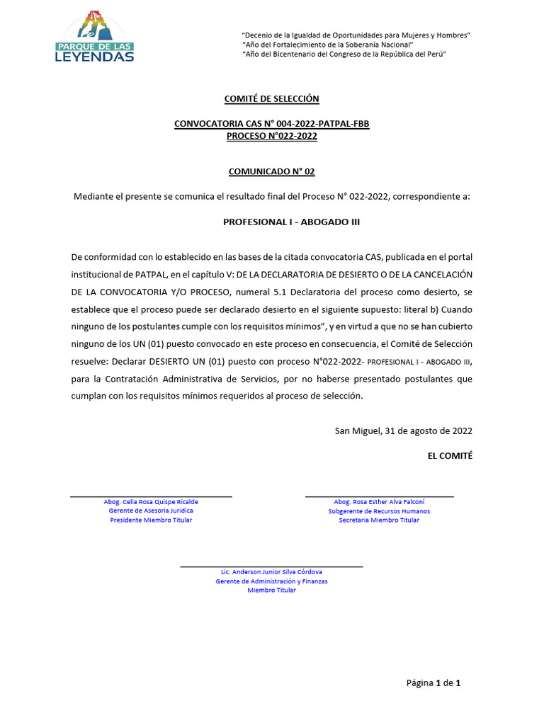 Acta Del Resultado Final Comun 02 Proc 022 2022 Profesional I Abogado III Gaj | PDF | Gobierno