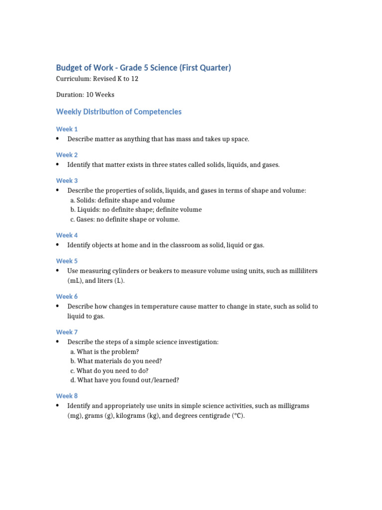 Grade 5 Science Budget of Work Q1 | PDF