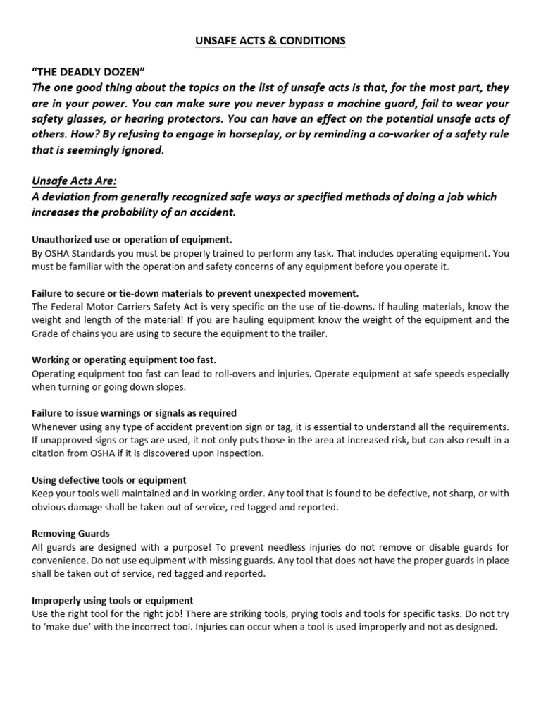SAFETY Unsafe Acts Conditions | PDF | Personal Protective Equipment ...