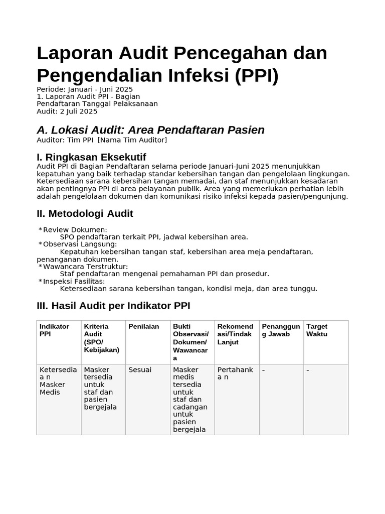 Laporan Audit Pencegahan Dan Pengendalian Infeksi (PPI) | PDF