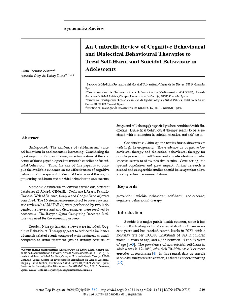 An Umbrella Review of Cognitive Behavioural and Dialectical Behavioural Therapies To Treat Self ...
