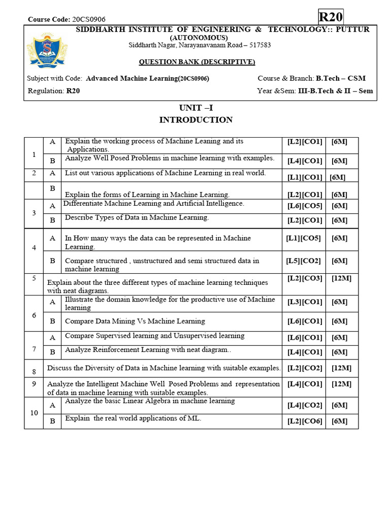 Advanced Machine Learning Question Bank | PDF | Machine Learning ...