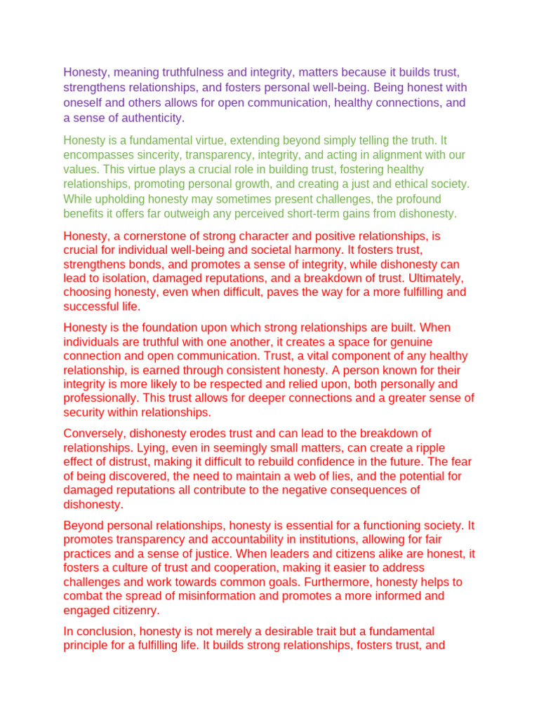 Essay Writing-Why Honesty Matters | PDF | Integrity | Justice