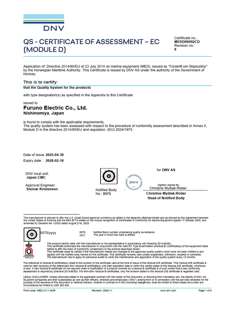 DNV Marine Equipment Assessment Certificate | PDF