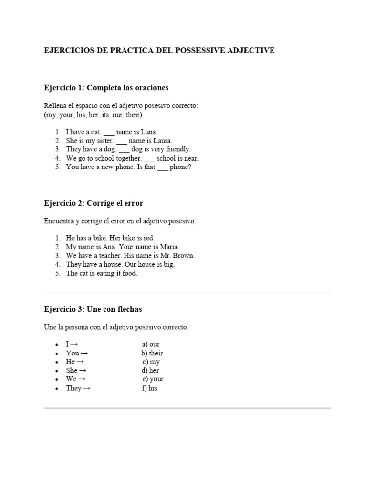 Ejercicios de Adjetivos Posesivos | PDF