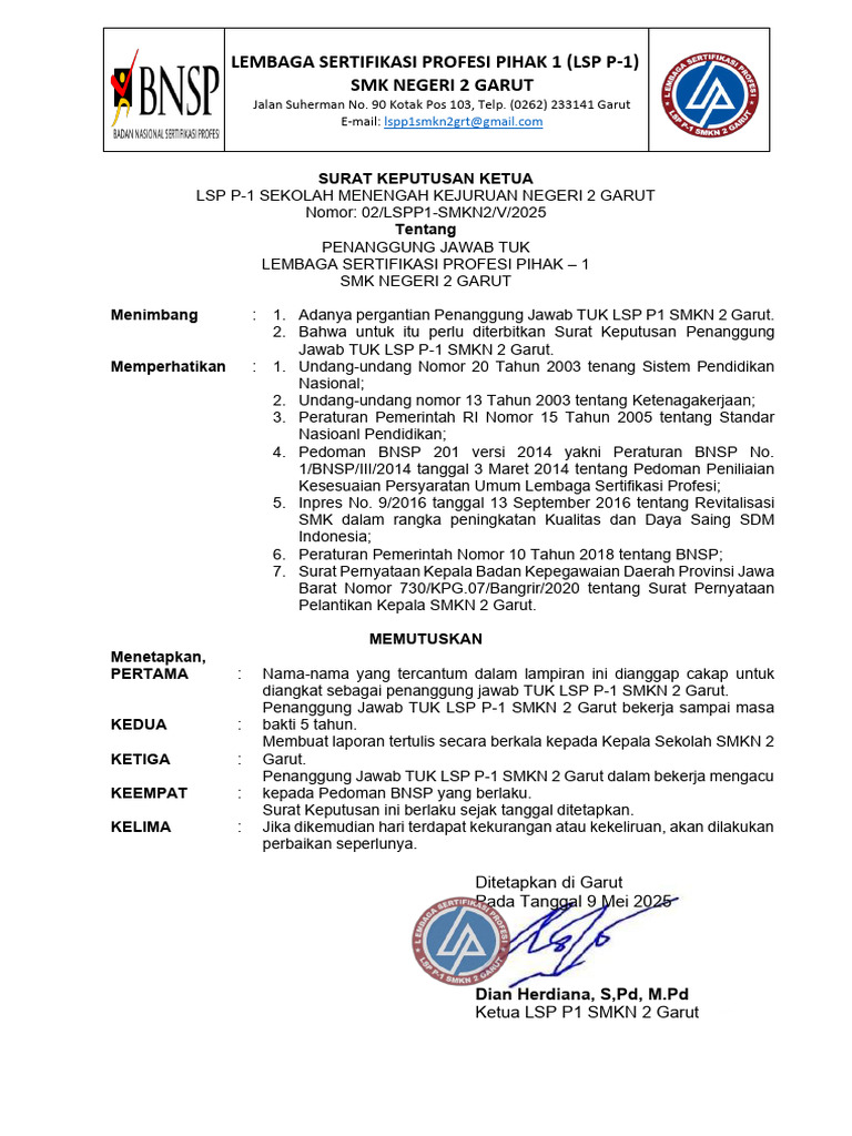 SK Penanggung Jawab TUK LSP P-1 Garut | PDF