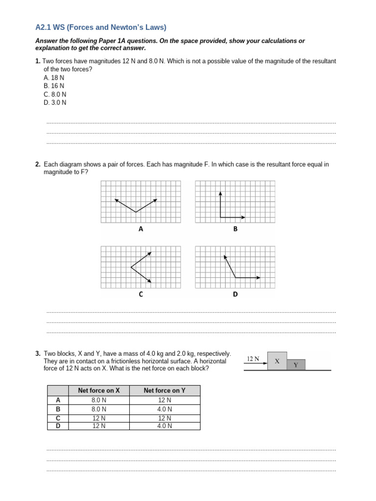 A2.1 WS Forces and Newton's Laws | PDF | Force | Mass