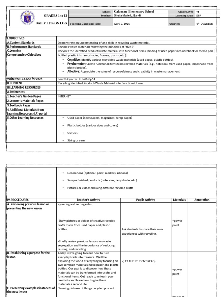 Cot Epp 4th Quarter | PDF | Recycling | Waste