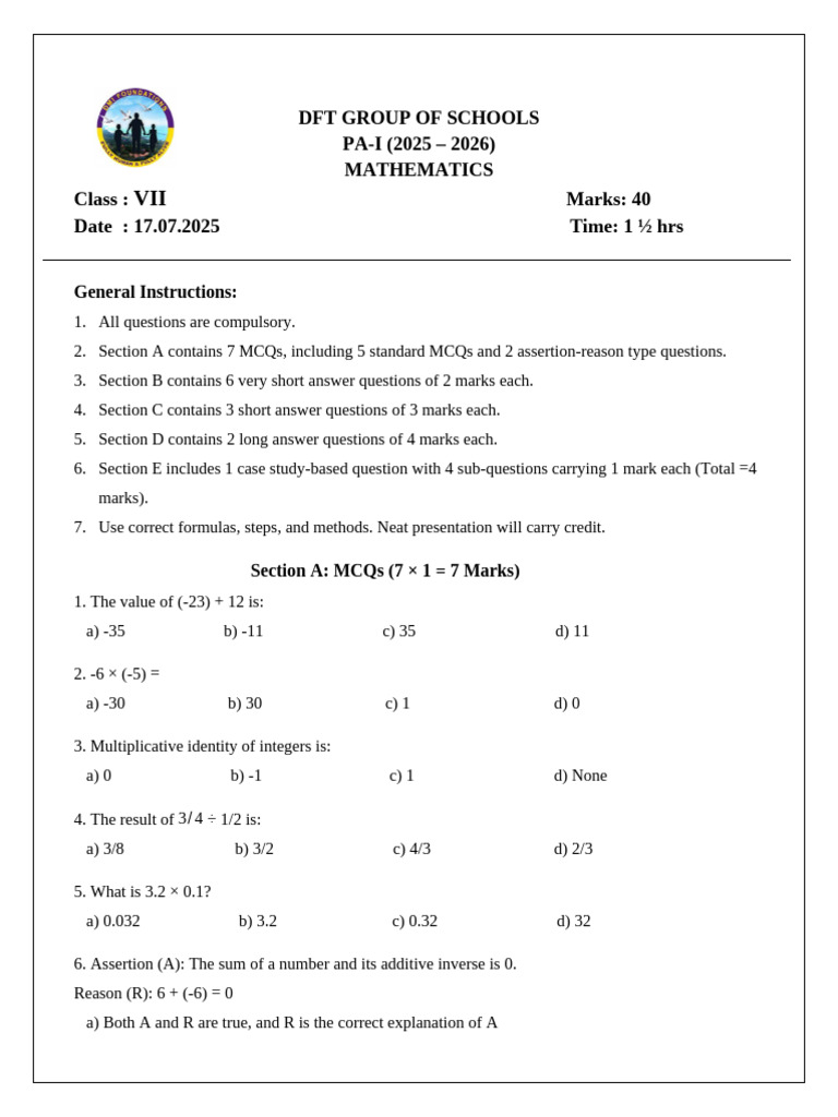 7th Class Maths SA1 Question Paper 2025 | PDF | Numbers | Elementary ...