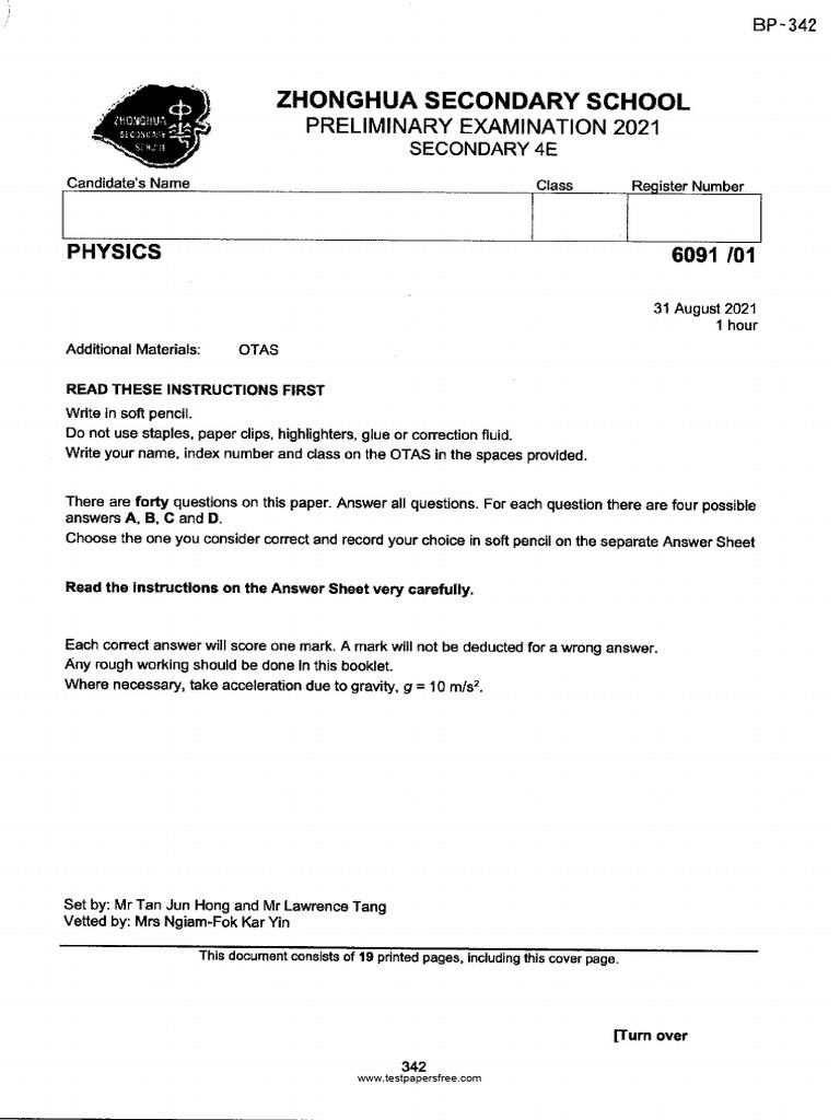 Sec4 Physics 2021 SA2 Zhonghua | PDF