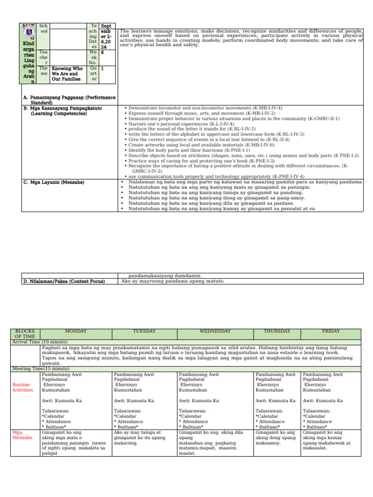 Kindergarten-DLL-Matatag-Week 6 | PDF