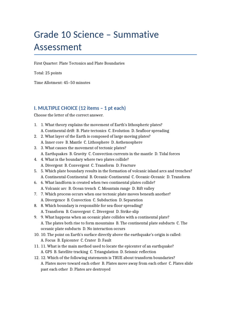 Grade10 Science Summative NoKey | PDF | Plate Tectonics | Applied And ...