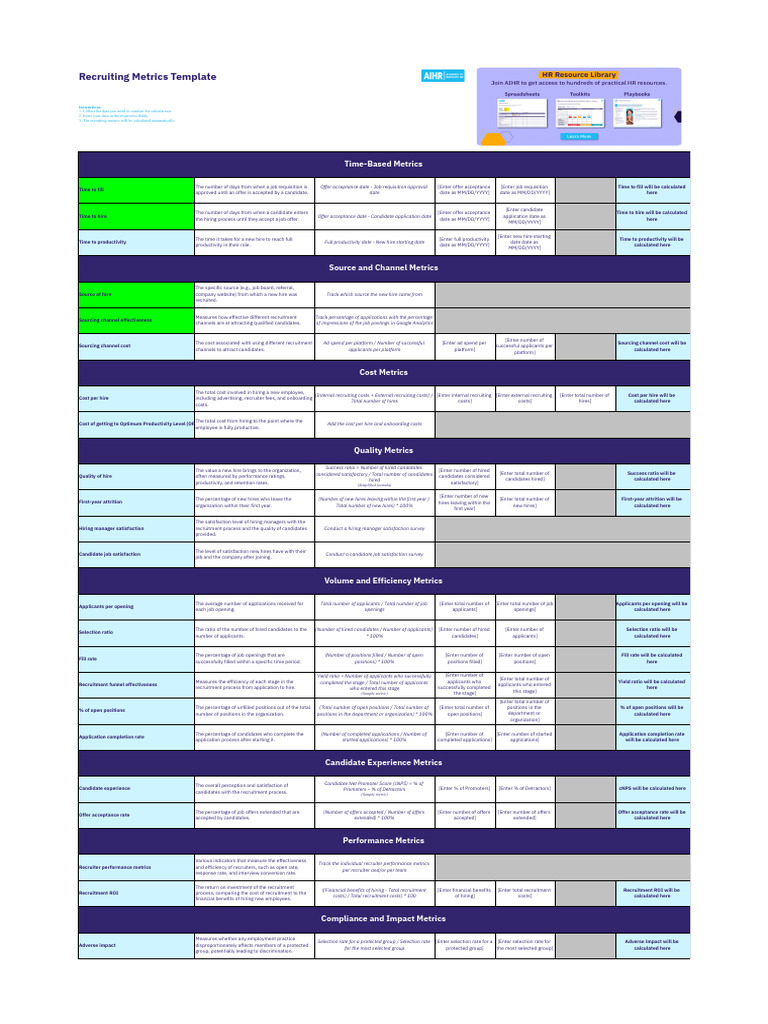 AIHR - Recruiting Metrics Template - XLSX - Recruiting Metrics Template ...