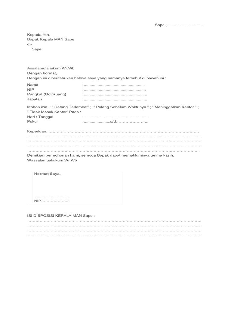 Contoh Surat Izin Kerja Terlambat | PDF