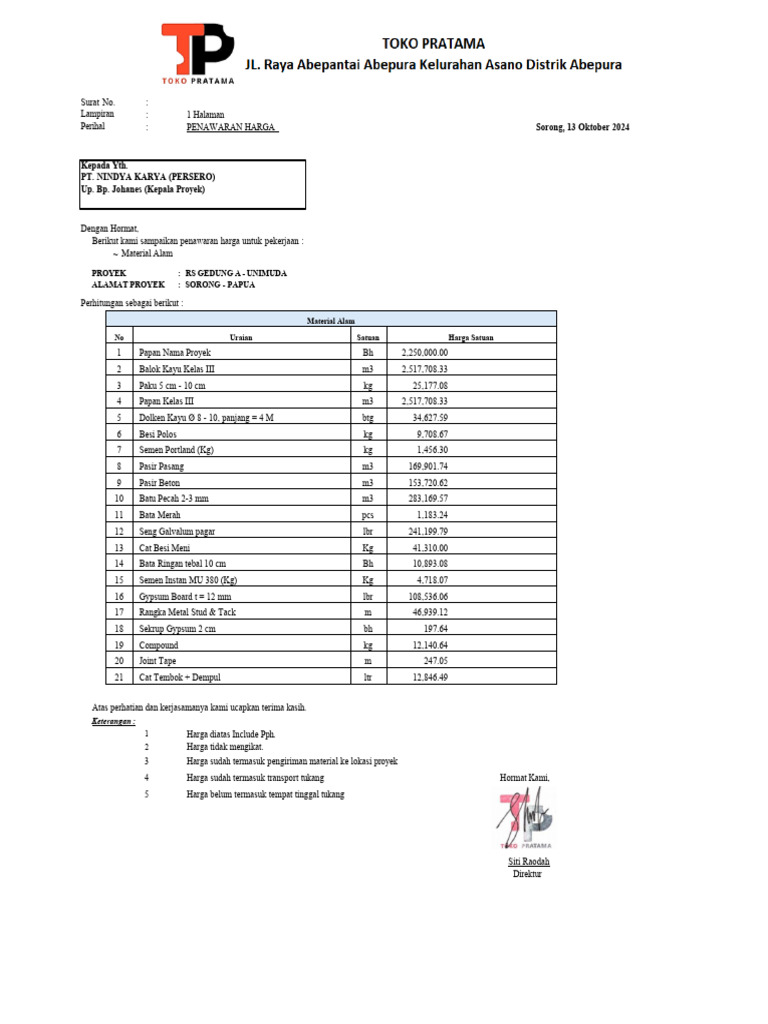 Penawaran Harga Material Alam RS Unimuda | PDF