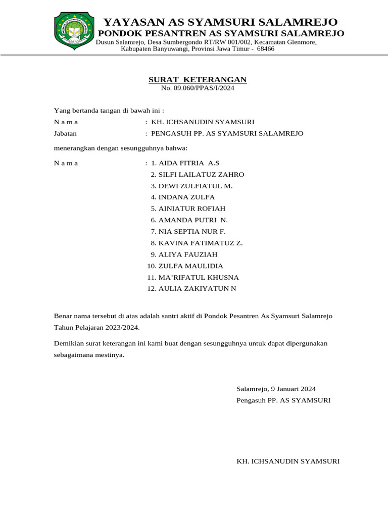 Contoh Surat Keterangan Santri | PDF