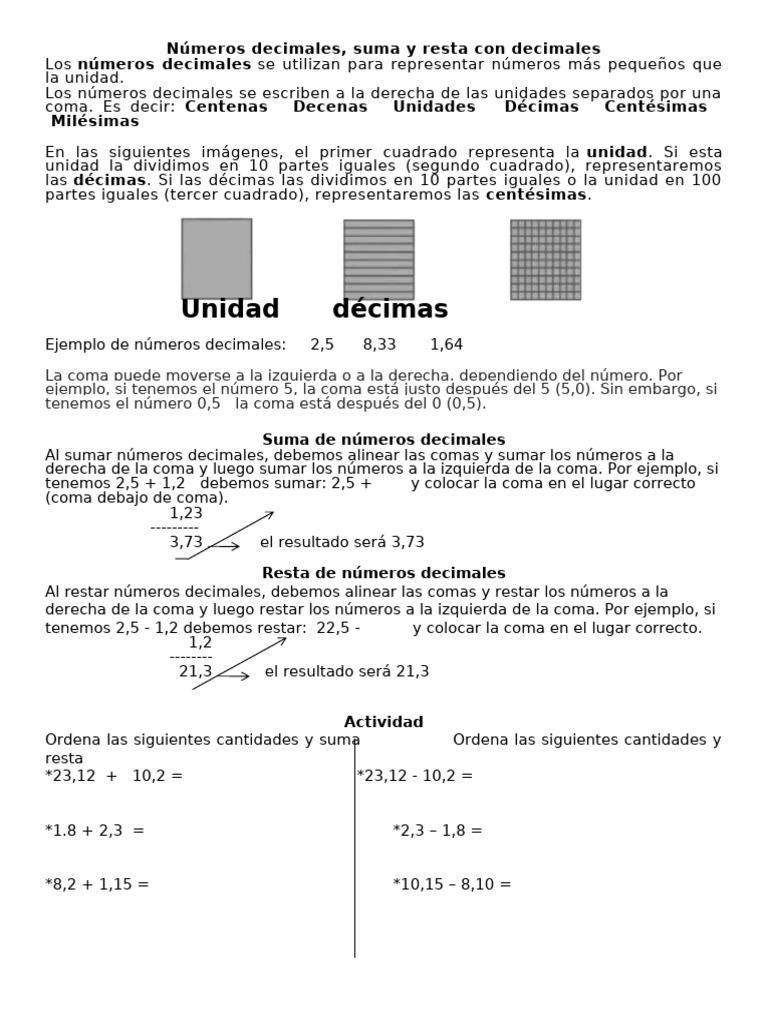 Suma y Resta de Números Decimales | PDF