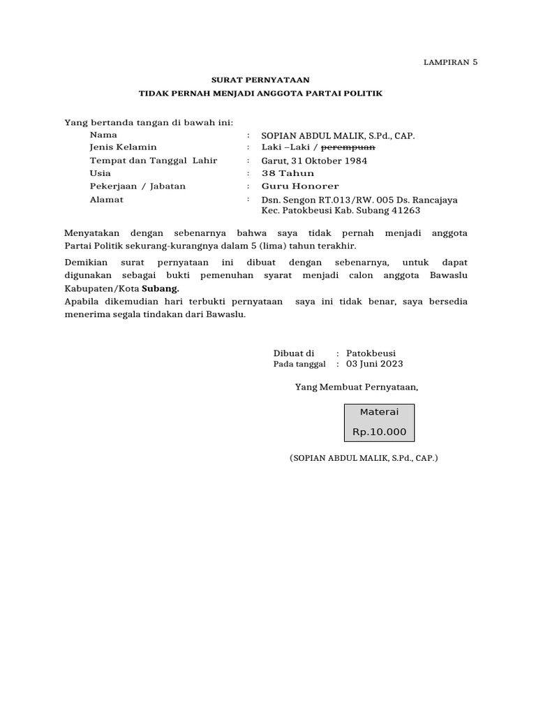 Surat Pernyataan Anggota Partai | PDF