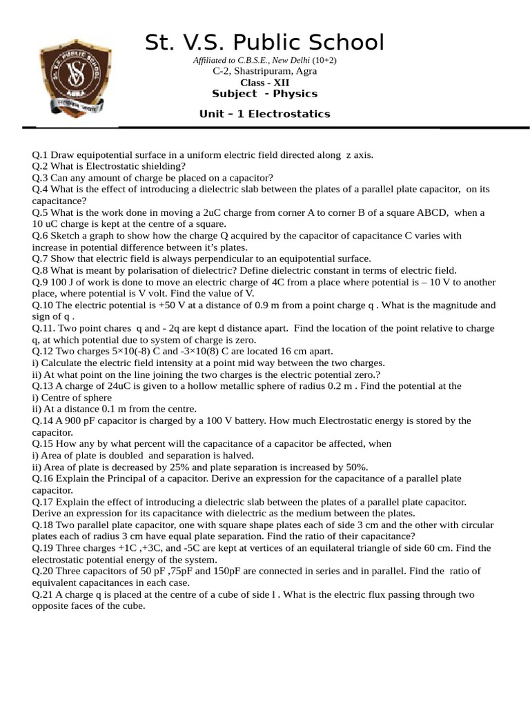 XII Physics Worksheet, Chap1,2 | PDF | Capacitance | Capacitor