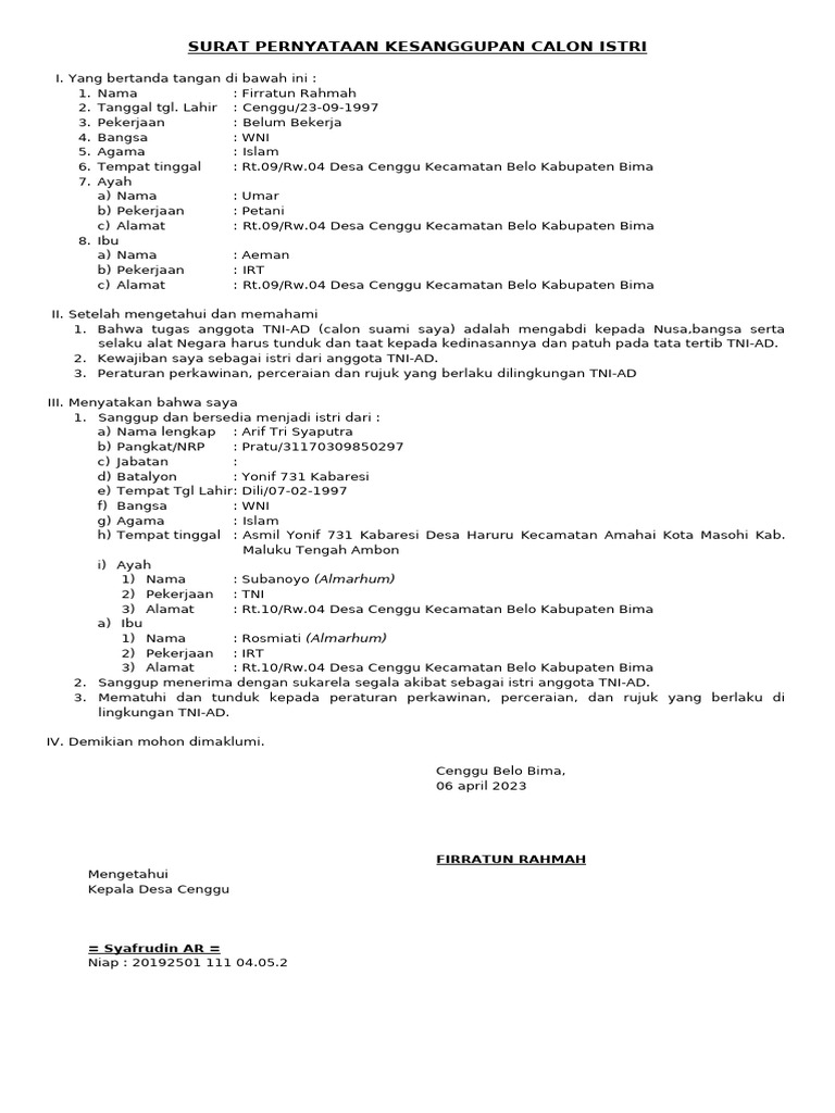 Surat Kesanggupan Calon Istri TNI | PDF