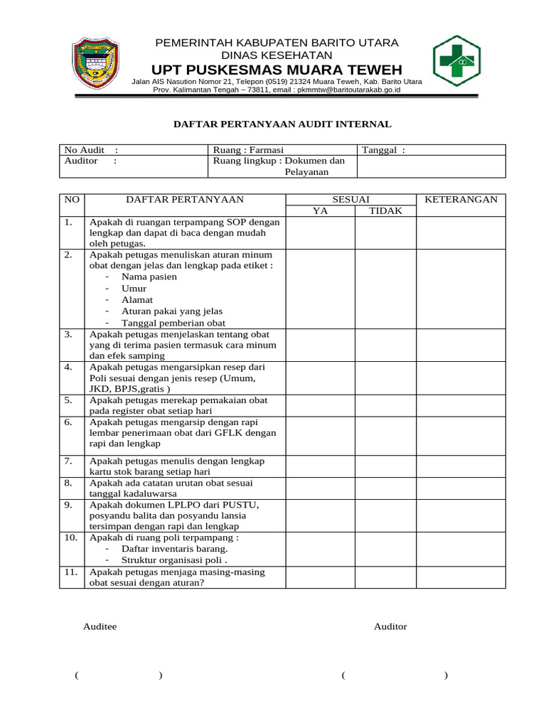 Ceklist Audit Internal Farmasi | PDF
