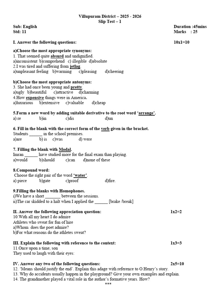 11th English Slip Test Questions 2025 | PDF