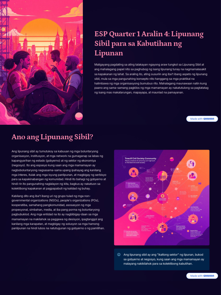 ESP Quarter 1 Aralin 4 Lipunang Sibil para Sa Kabutihan NG Lipunan | PDF