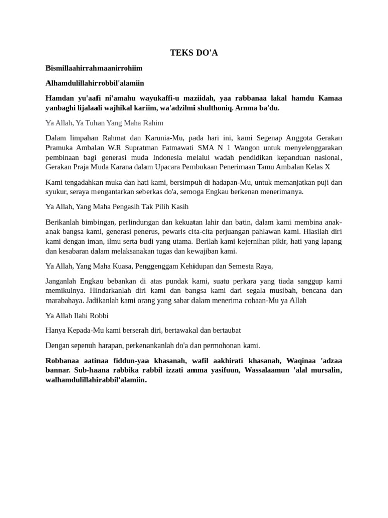 Teks Doa Upc. Pembukaan, Penutupan, Dan API Unggun PTA25 | PDF