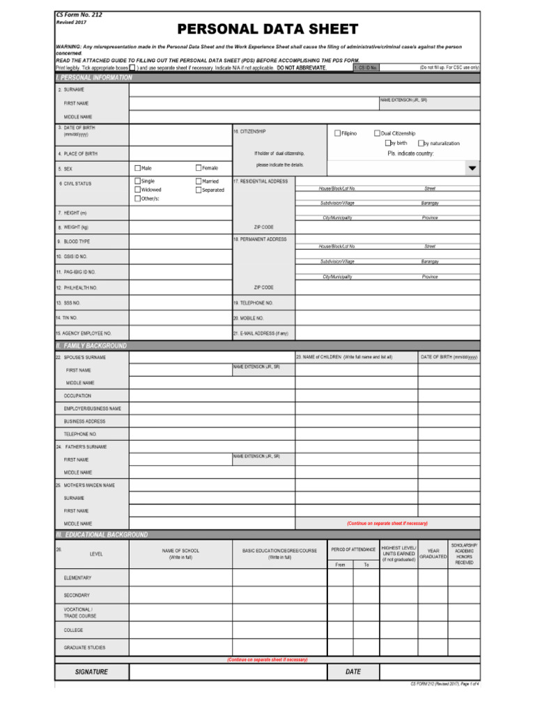 CS Form No. 212 Revised-2017 Personal-Data-Sheet | PDF | Government ...