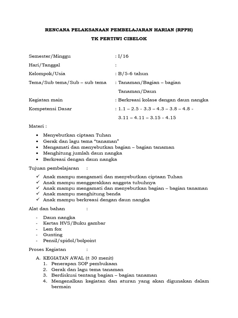 RPPH Tema Tanaman untuk Usia 5-6 Tahun | PDF