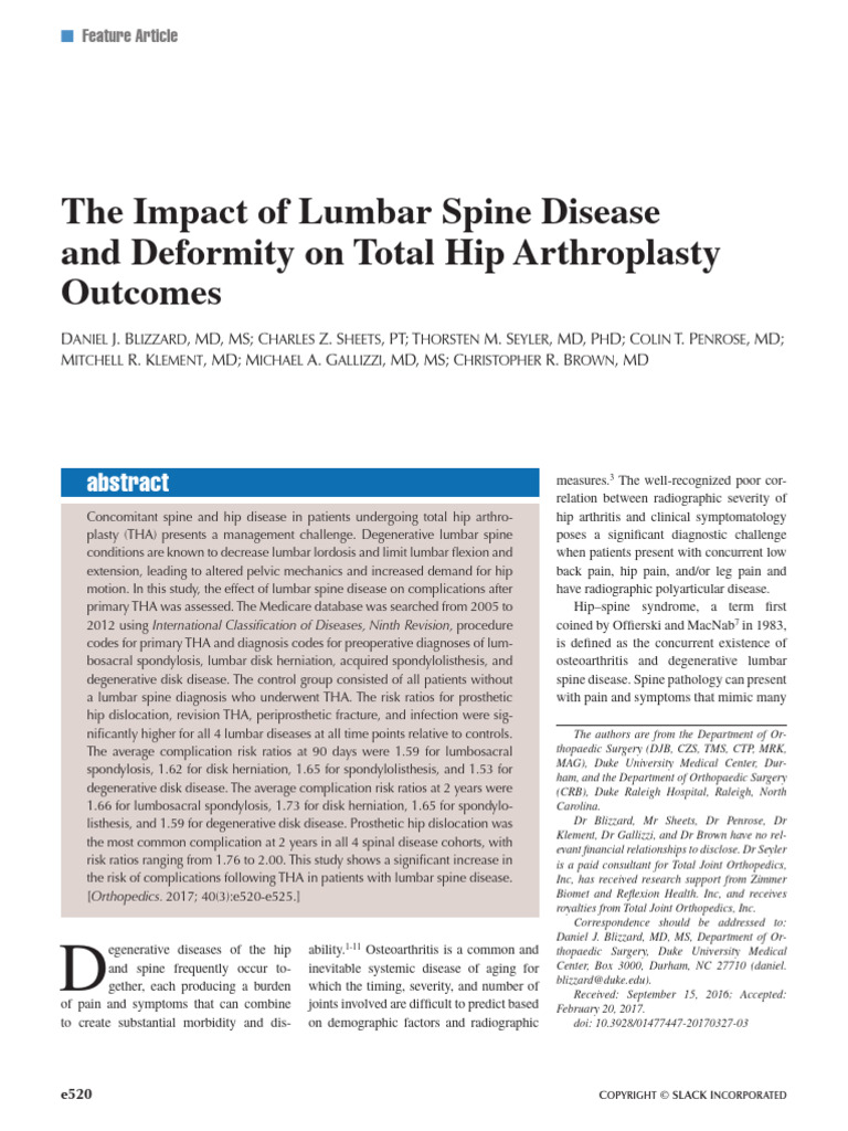 The Impact of Lumbar Spine Disease and Deformity On Total Hip ...