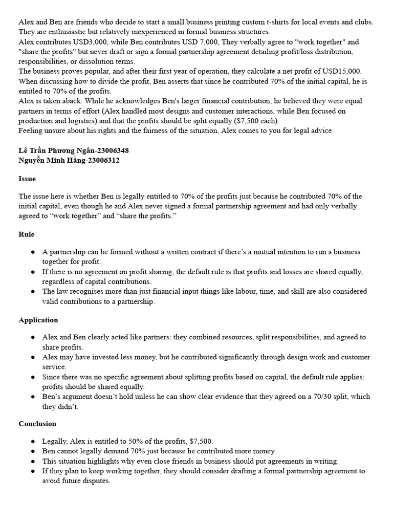 BL6 IRAC-Issue 1 Ngan-Hang (1) | PDF | Partnership | Private Law