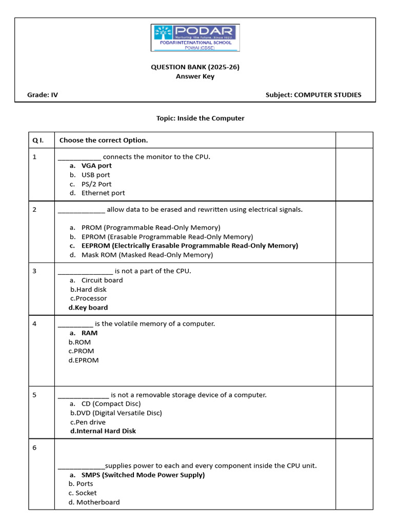 AS - QB - IV - Inside The Computer 2025-26 | PDF | Computer Data ...