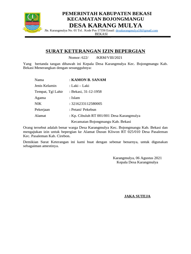 Surat Keterangan Izin Bepergian | PDF