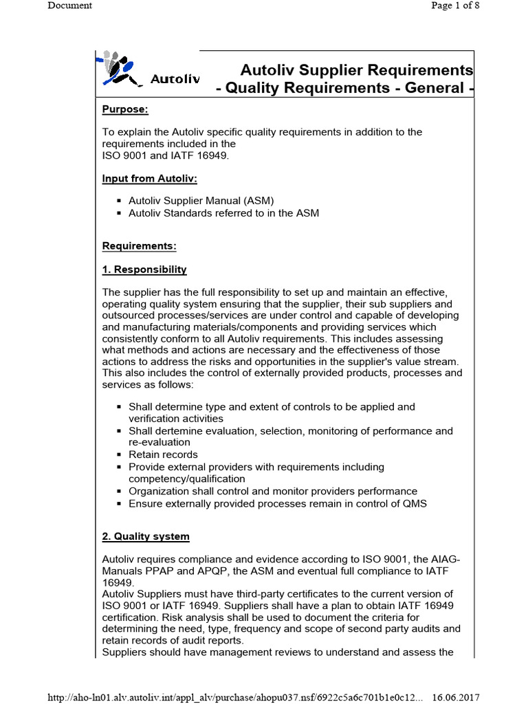 Autoliv Quality System Requirements | PDF | Audit | Quality Management ...