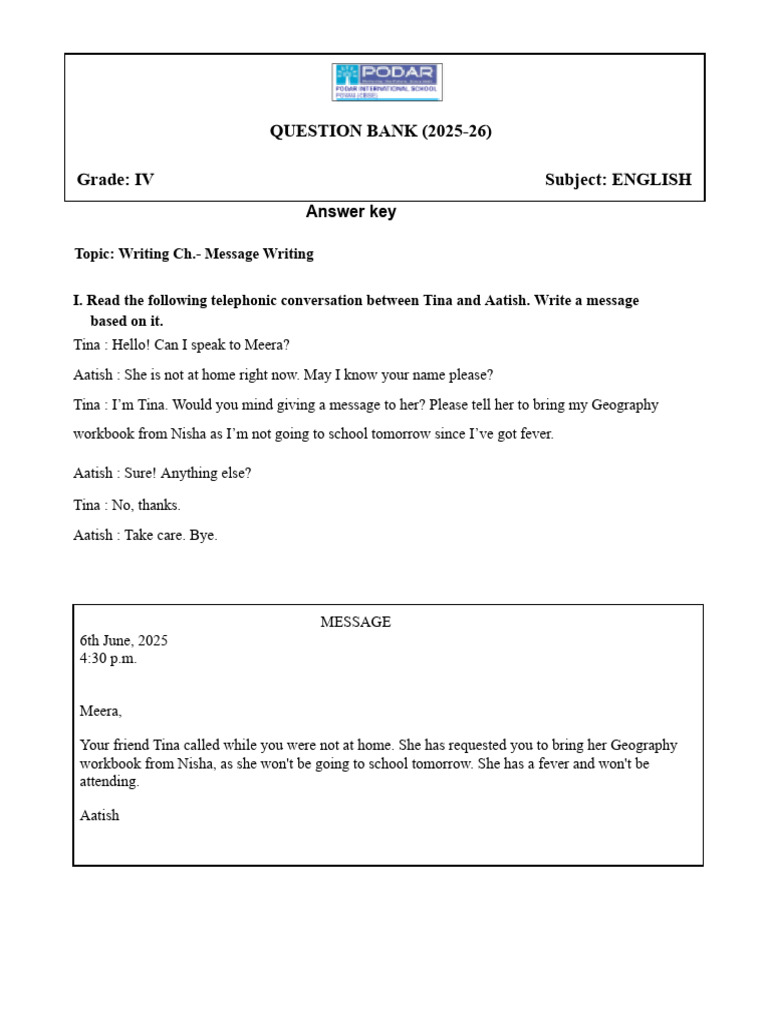 Class 4 Message Writing Worksheet | PDF