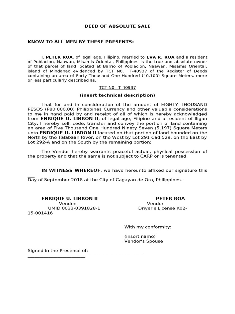 Deed of Absolute Sale - Land in Philippines | PDF | Natural Resources ...