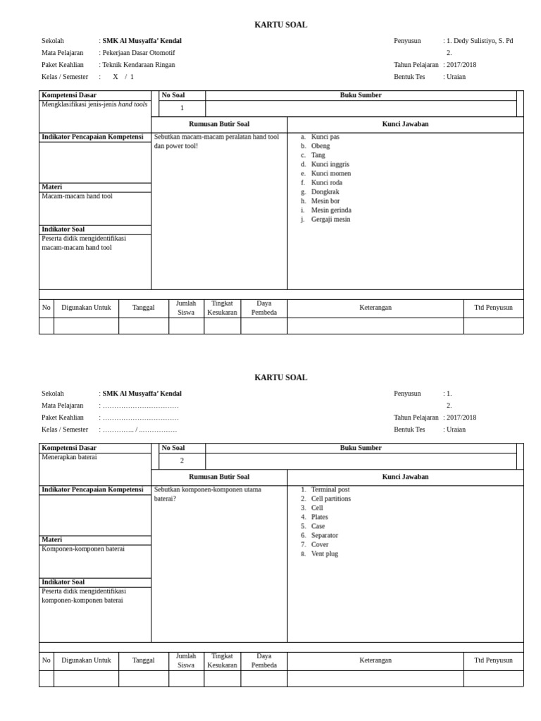 Format Kartu Soal Uraian - X.TKR | PDF